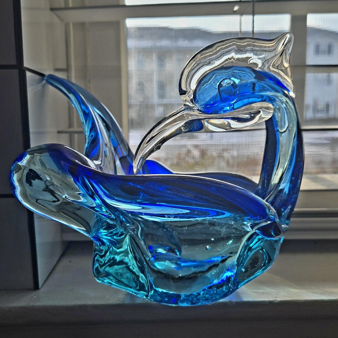Blue Kingfisher Glass Bowl Vintage Decorative Art Glass Centerpiece ...