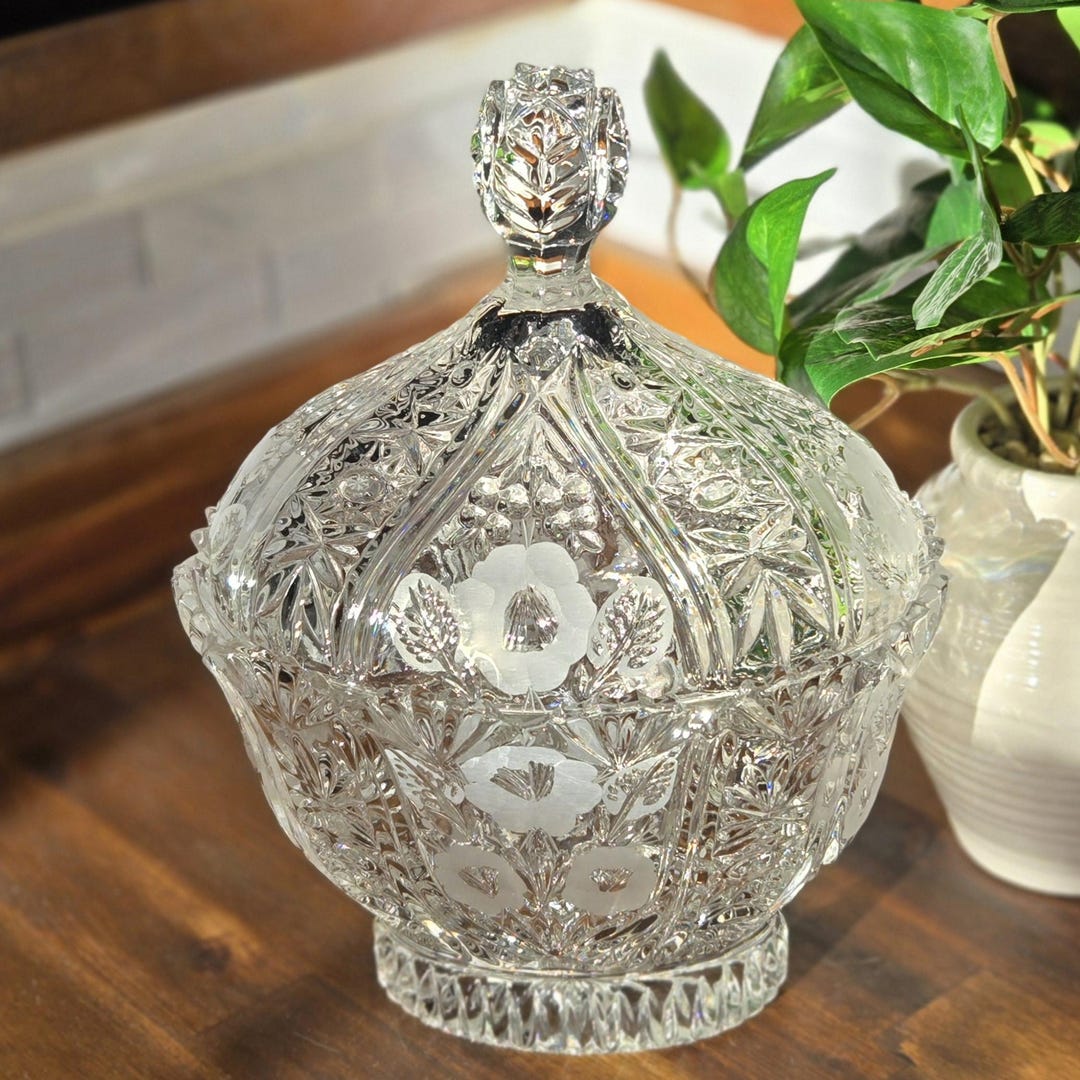 Crystal Oval Covered Candy Dish With Frosted Flowers - Etsy