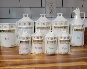Antique White Block German Lustreware Canister Set 9 Pieces Pearl ...