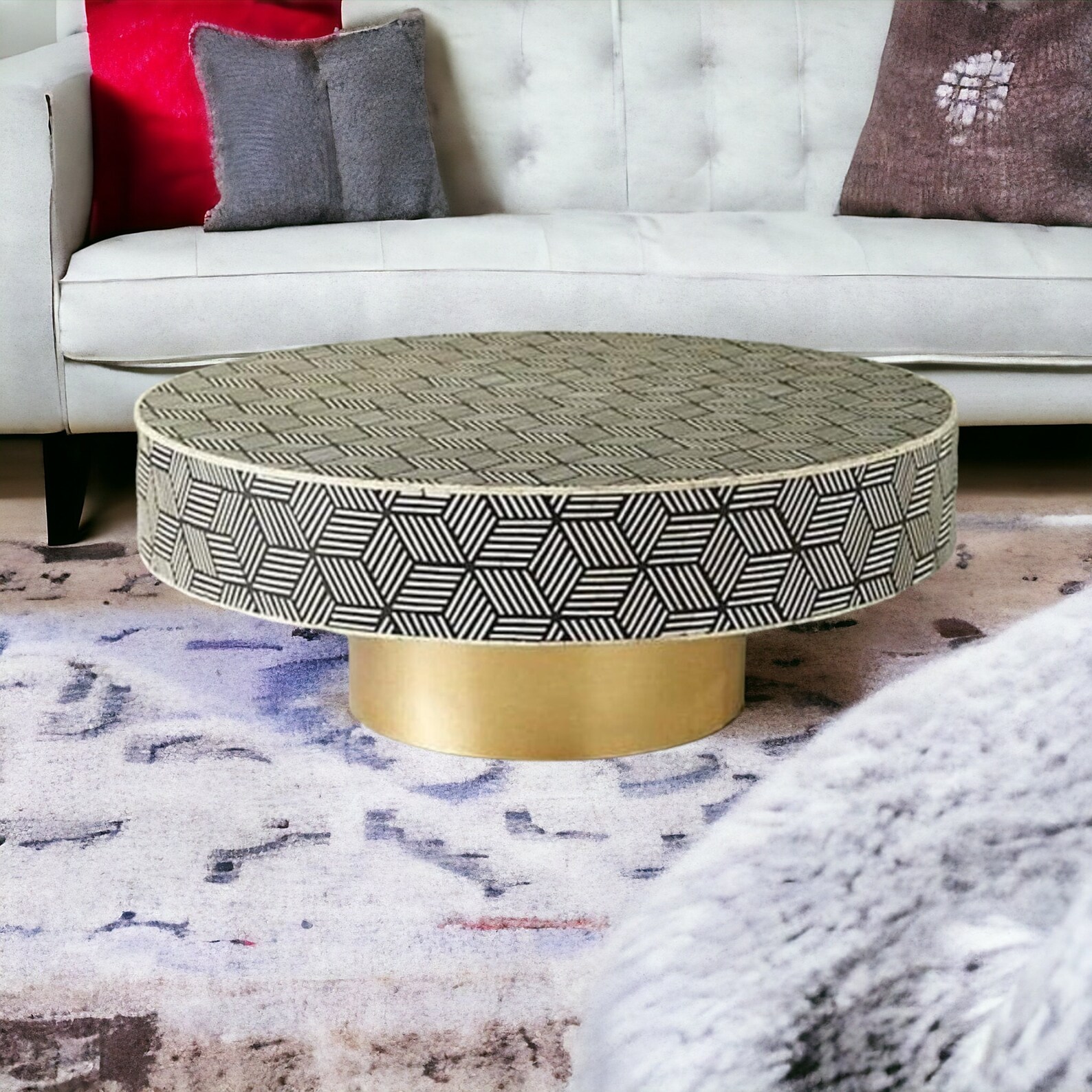 Bone Inlay Coffee Table, Round Bone Inlay Living Room Table, Bone Inlay ...