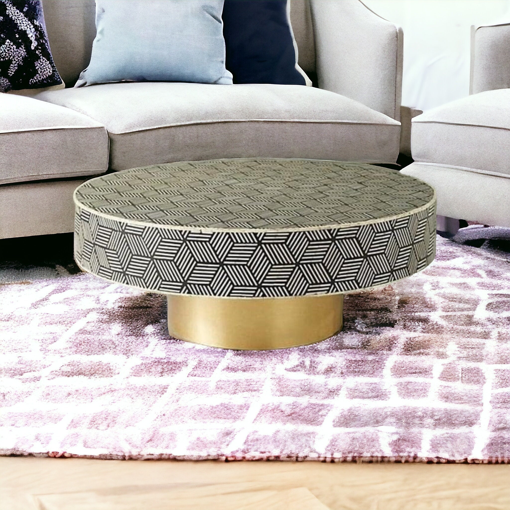 Bone Inlay Coffee Table, Round Bone Inlay Living Room Table, Bone Inlay ...