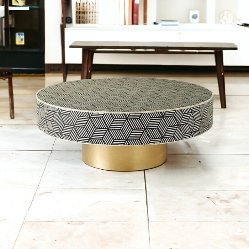 Bone Inlay Coffee Table, Round Bone Inlay Living Room Table, Bone Inlay ...