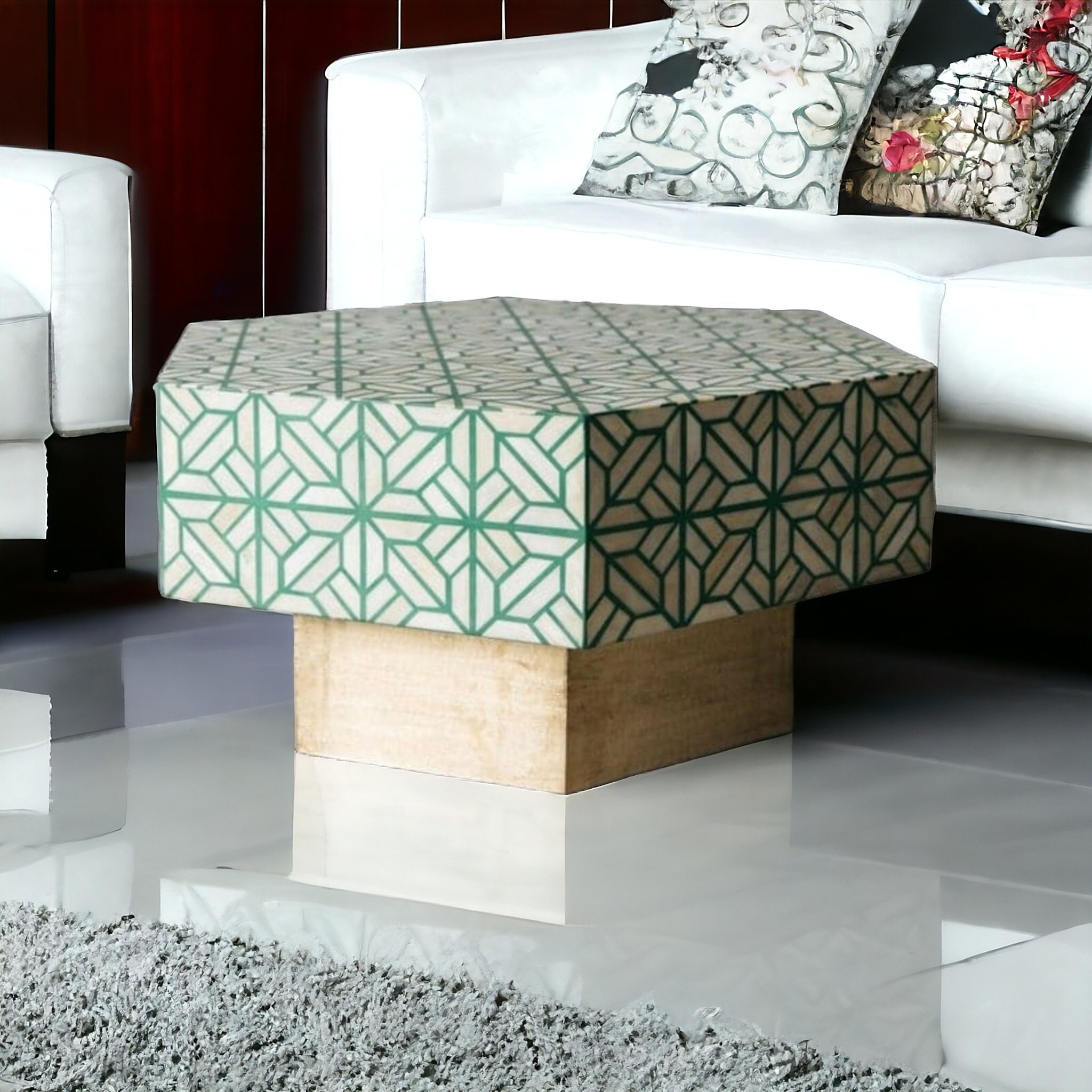 Bone Inlay Coffee Table, Bone Inlay Hexagon Living Room Table, Bone ...
