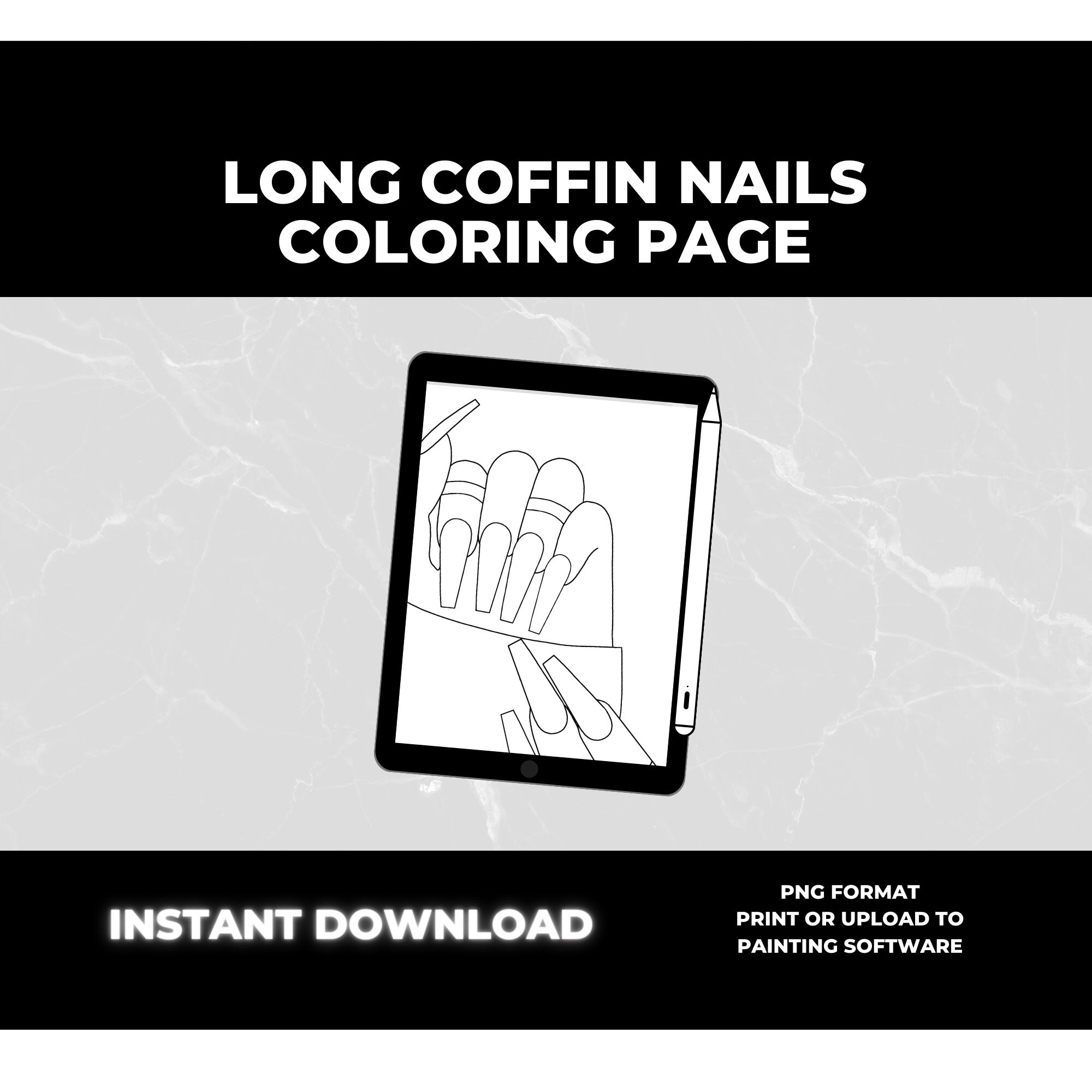 Long Coffin Nails Coloring Page - Printable Digital Download for Nail ...