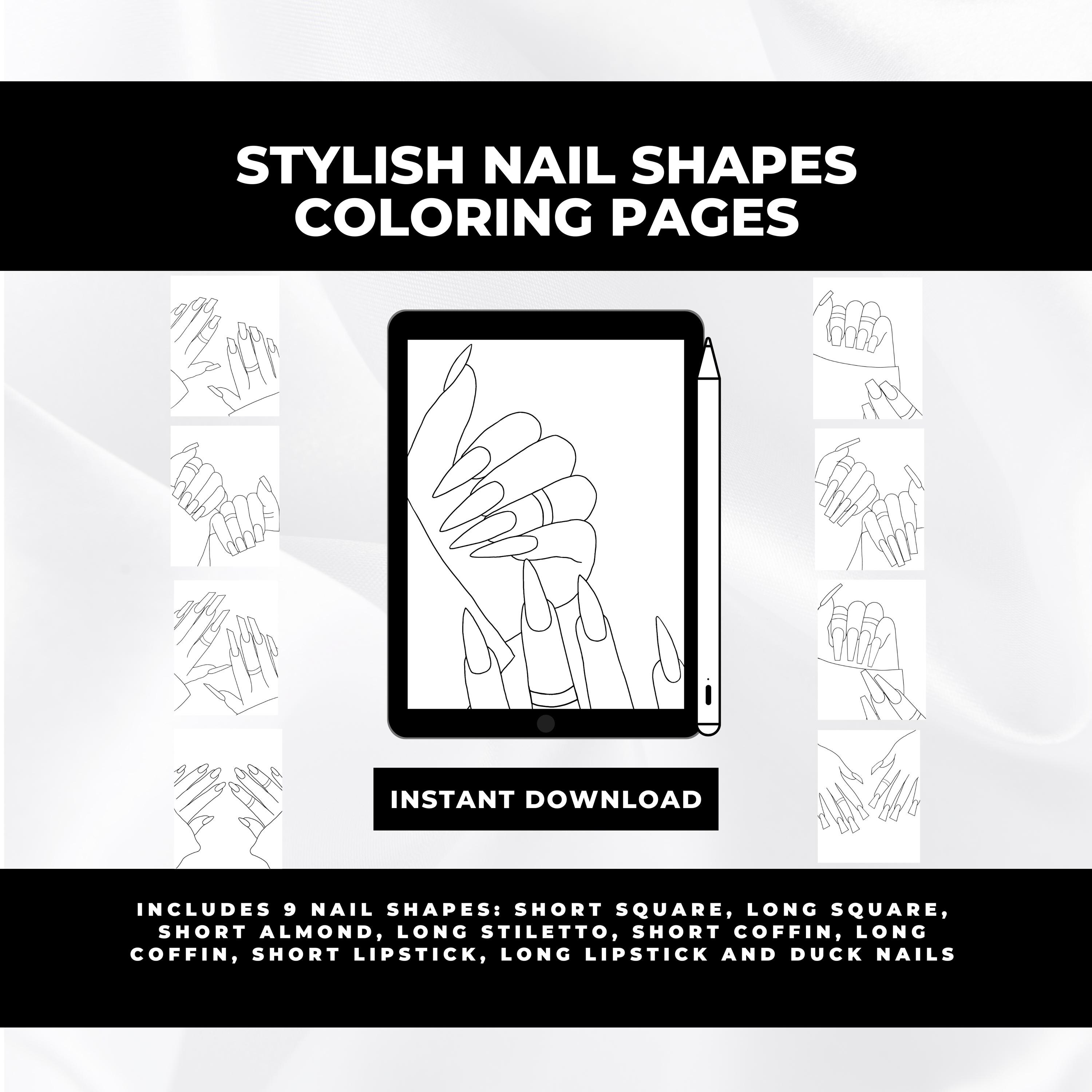 Nail Shape Coloring Pages Set: Printable Nail Design Practice (digital ...
