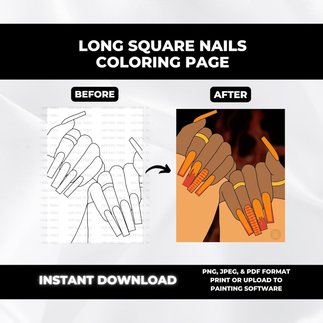 Long Square Nails Coloring Page, Blank Nail Template, Digital Printable ...