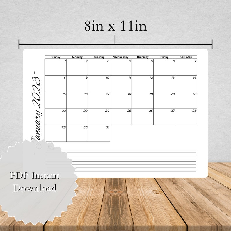 2023 Monthly Printable Calendar Landscape Monthly Calendar - Etsy