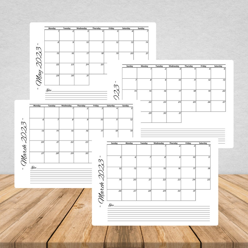 2023 Monthly Printable Calendar Landscape Monthly Calendar - Etsy