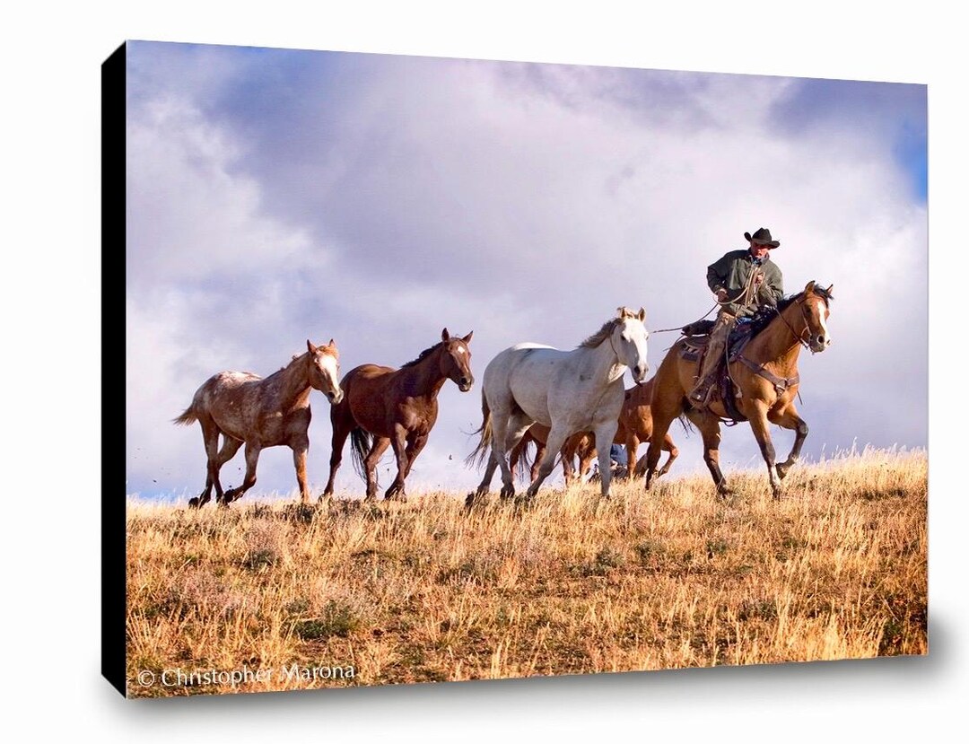 RUNNING THE RIDGE Western Cowboy Canvas Wall Art, Horses, Cowboy Print ...
