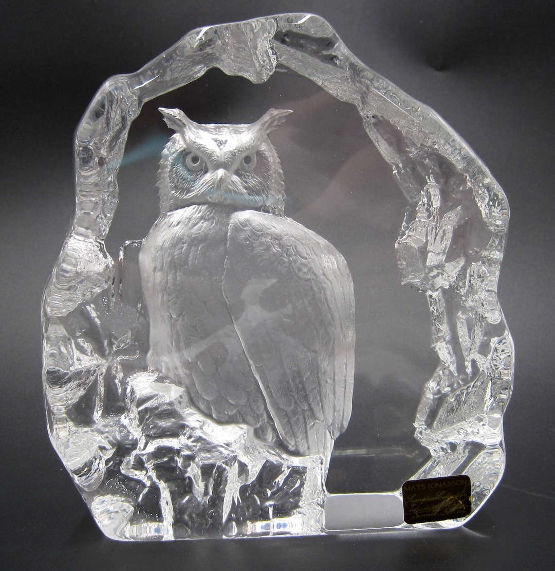 Owl Paperweight Figurine Mats Jonasson Crystal Glass Signed Large 6" - Etsy
