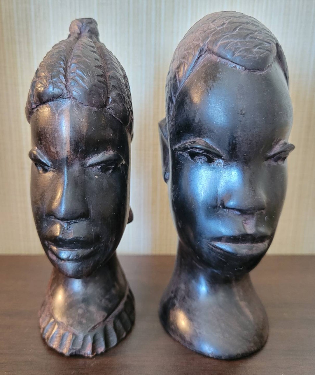 Hand Carved African Tribal WOMAN MAN HEAD Ebony Wood Statue Bust Pair ...