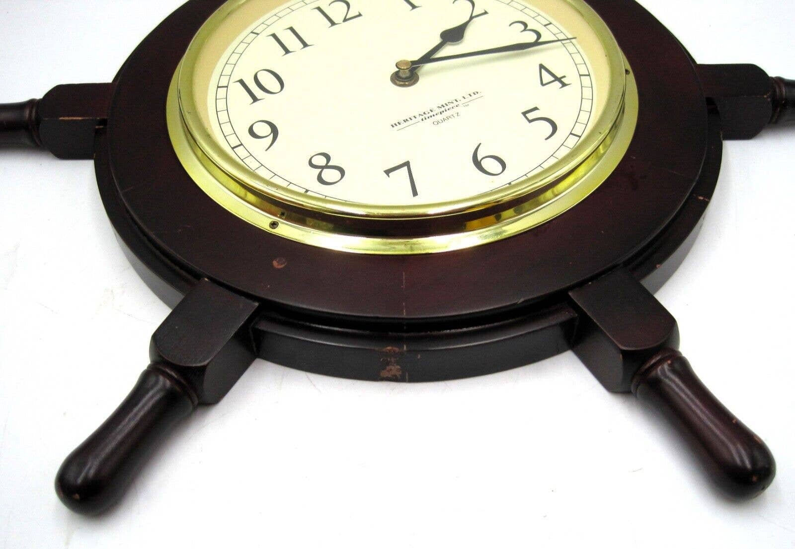 Heritage Mint Nautical Ship's Helm Wheel Wooden Wall Clock Quartz 19 ...