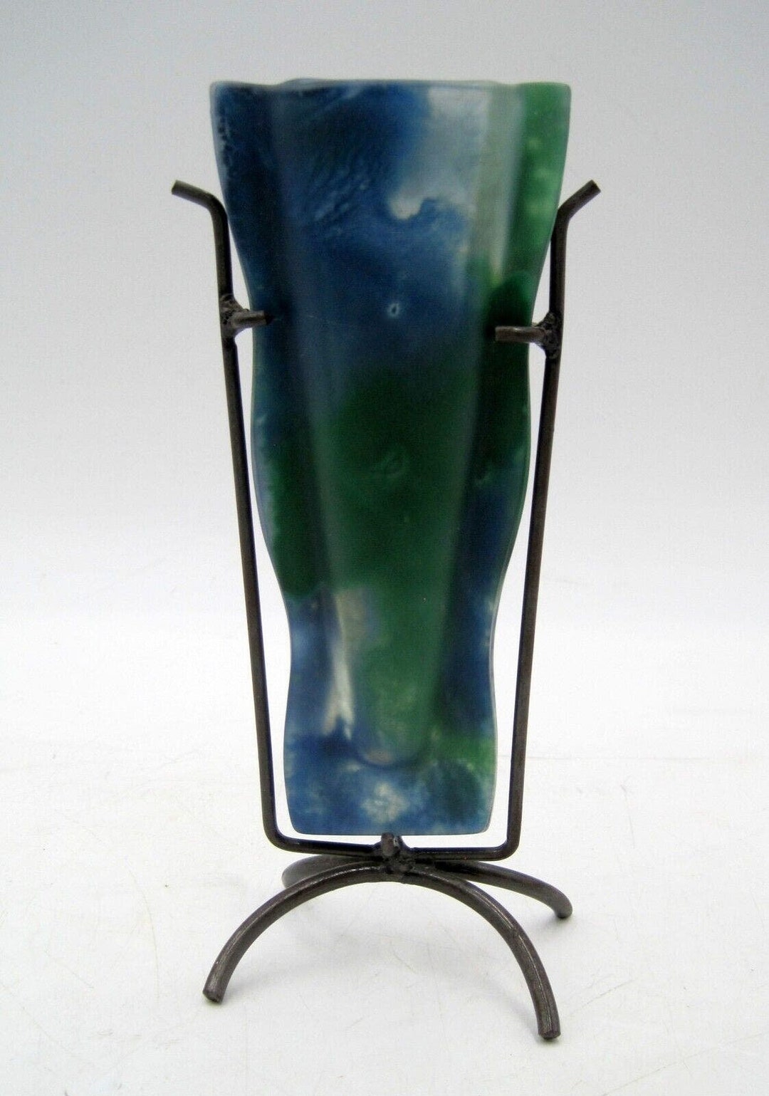 Signed TERRI FOSTER Alegre Fused Glass Pocket Vase Blue, Green, White W ...