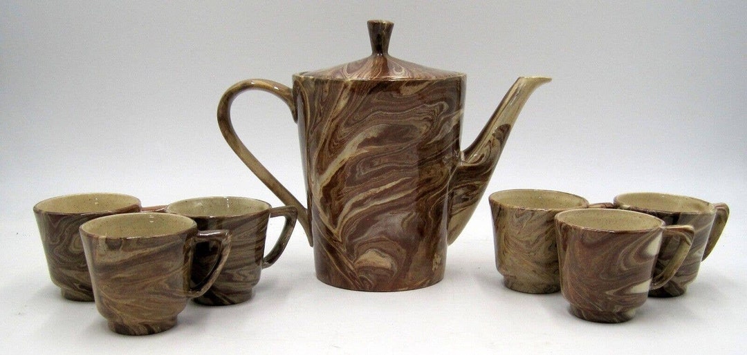 Rare Vintage EMILE CAHOY COLOME S.D. Art Pottery Coffee Pot W/6 Mugs ...