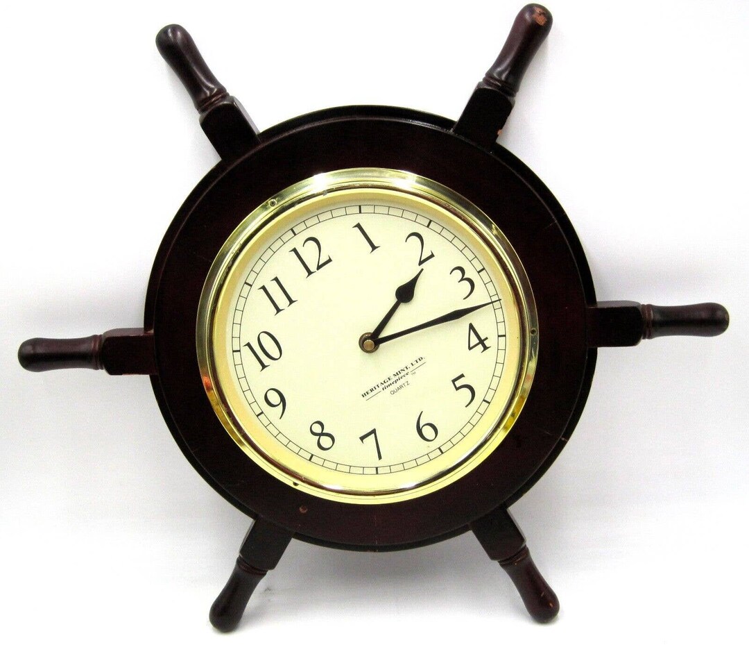 Heritage Mint Nautical Ship's Helm Wheel Wooden Wall Clock Quartz 19 ...