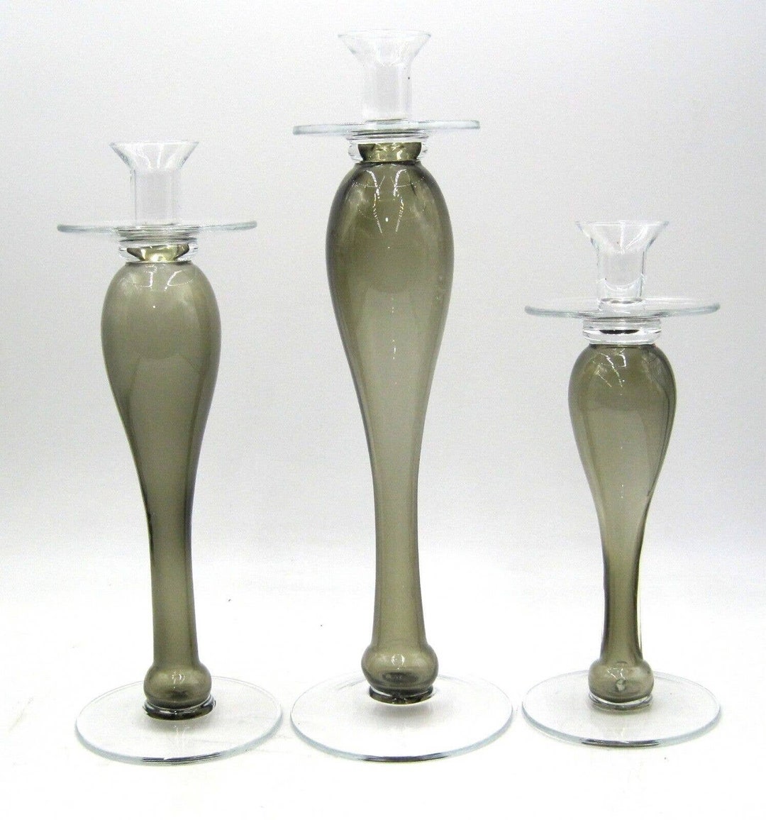 Set of Three MCM Hand Blown Glass Vintage Smoke Gray Candlestick ...