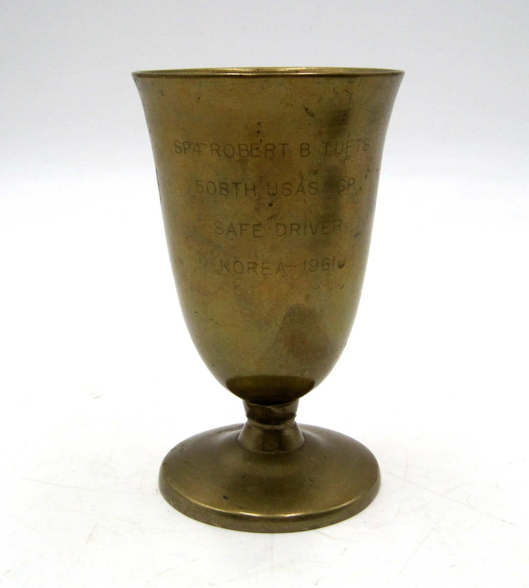 1961 Brass Korean War Cup Reads SP4 Robert Tufts 508th ASASA GP Safe ...