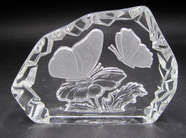 Large Crystal Glass Etched Satin Glass Butterflies Paperweight Decor ...