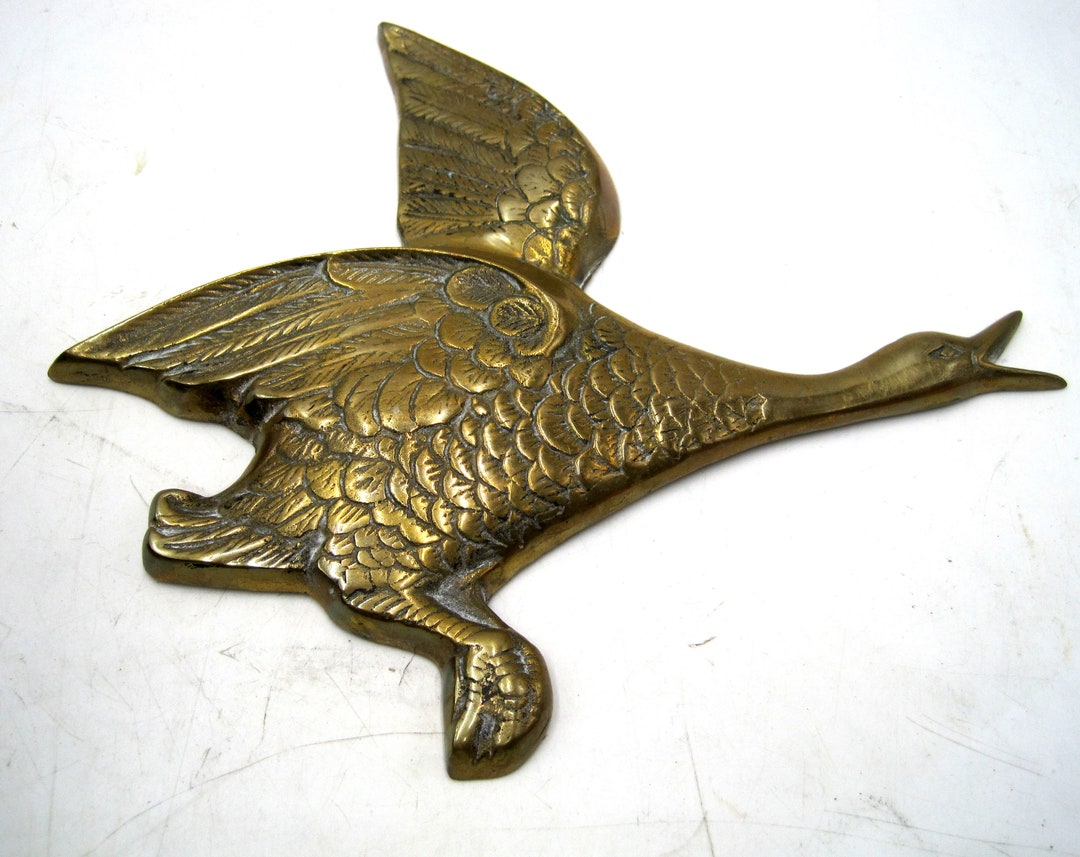 Vintage Solid Brass Flying Duck Geese Wall Hang MCM Art Plaque Mallard ...