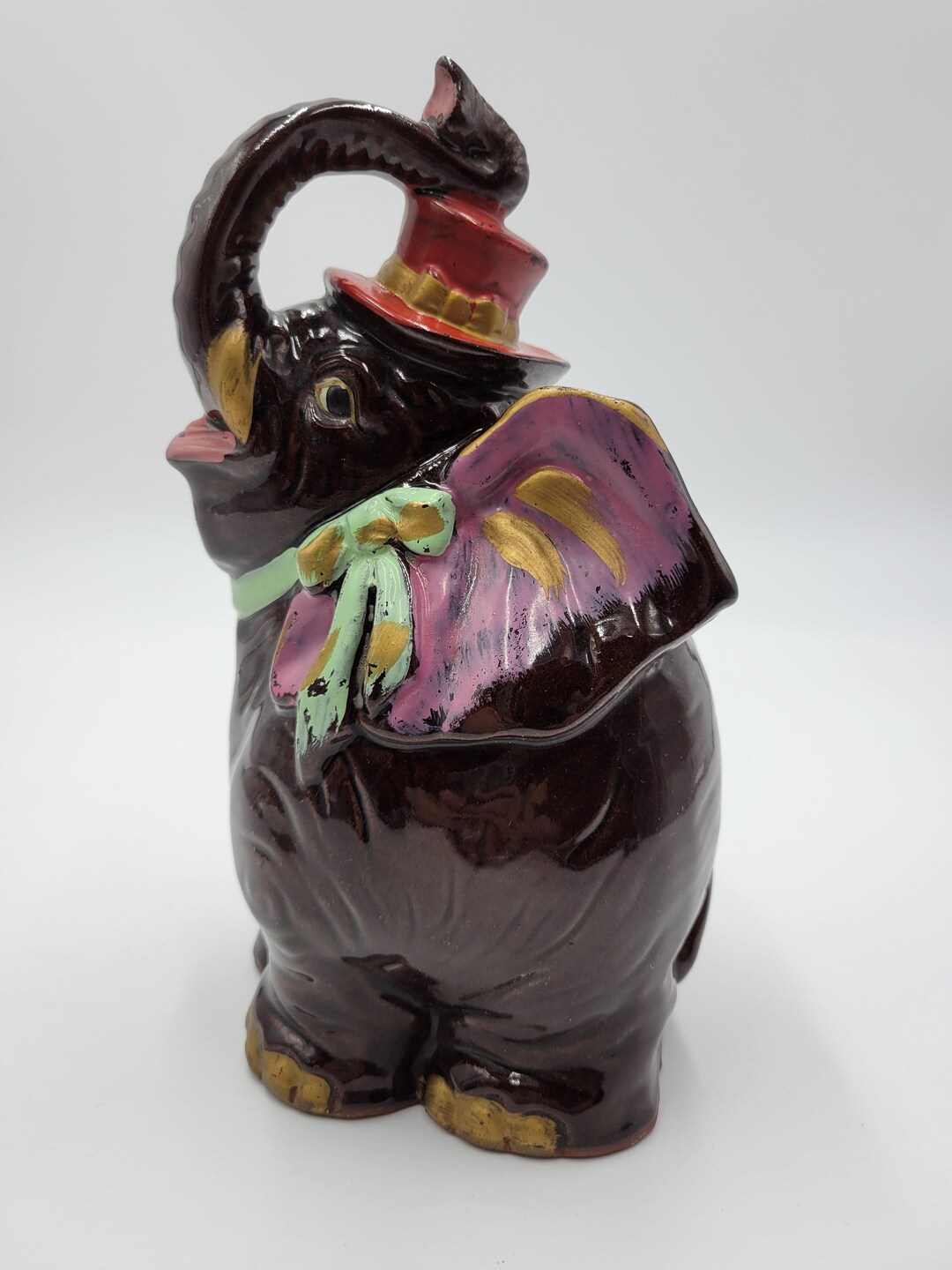 Glazed Redware Terracotta Circus Elephant W Hat Tie Piggy Bank Japan 8. ...
