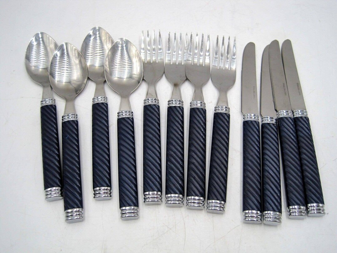 12 Pieces Navy Blue Braided Twist Handle Stainless Steel Flatware ...