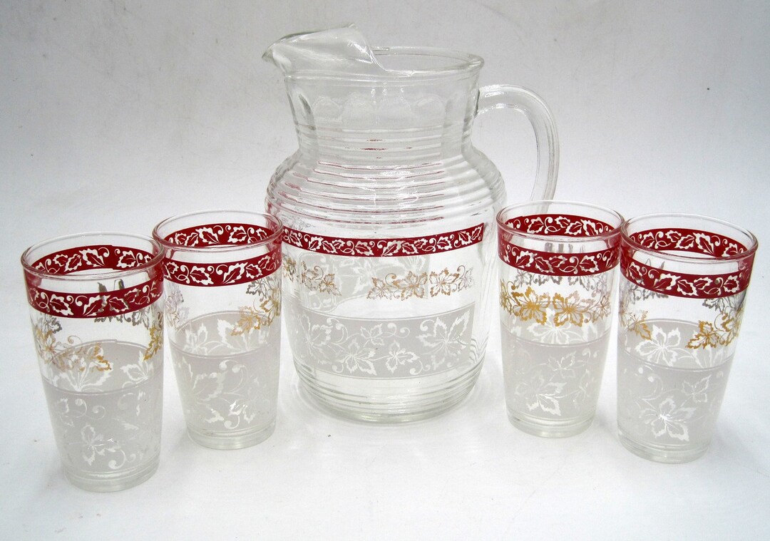 Vintage MCM Hazel Atlas Drinkware Set Pitcher W/4 Tumblers Red White ...