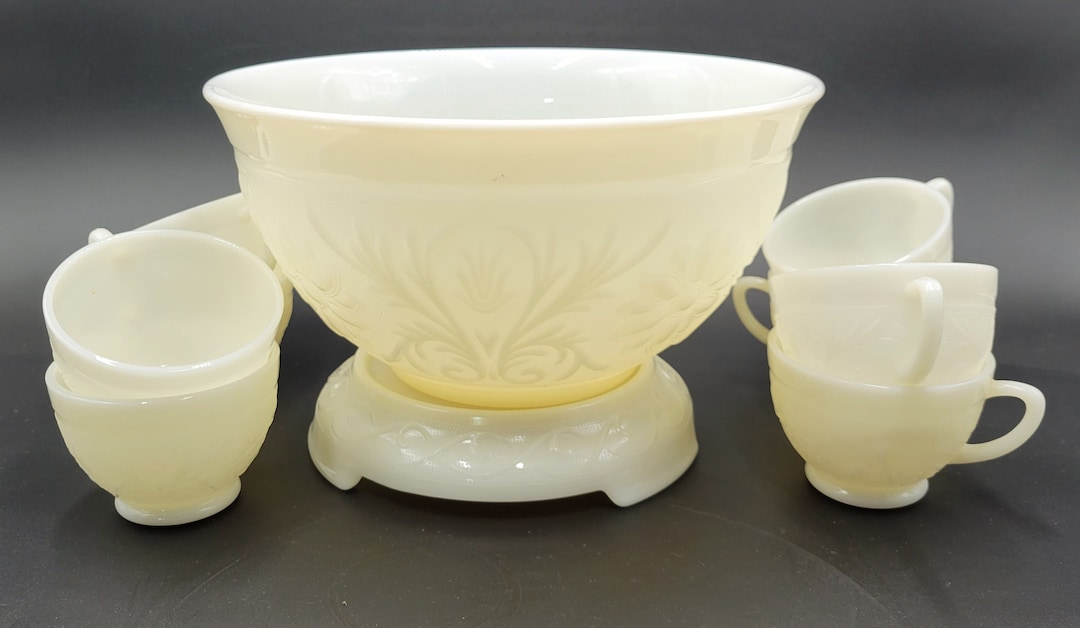 Anchor Hocking Ivory Sandwich Pattern Punch Bowl Stand and 8 Punch Cups ...