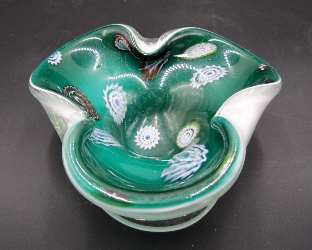 Vintage 1960s Millefiori Murano Blown Glass Candy Dish Ashtray Green ...