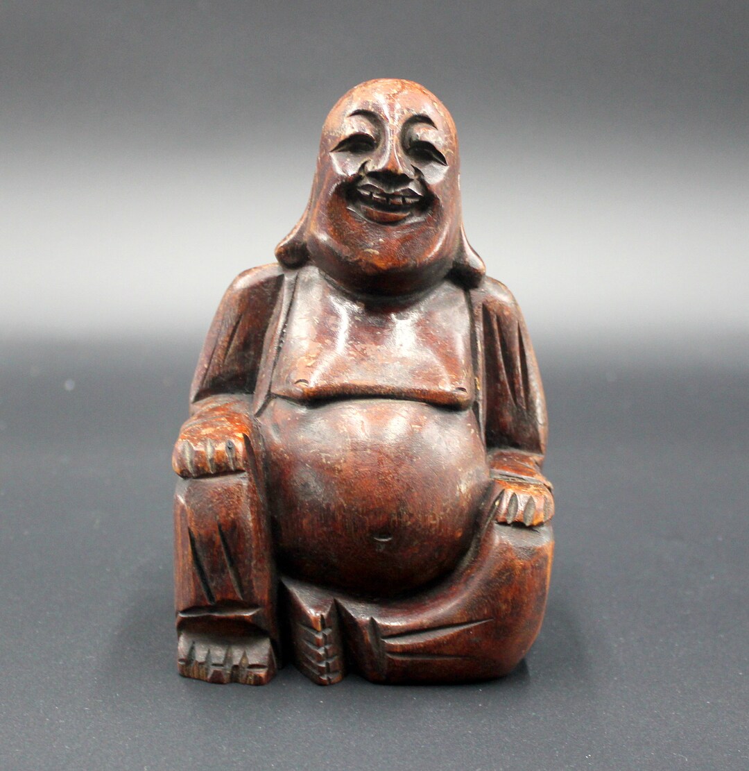 Vintage Hand-carved Wooden Laughing Happy Buddha Statue Figurine 6 ...