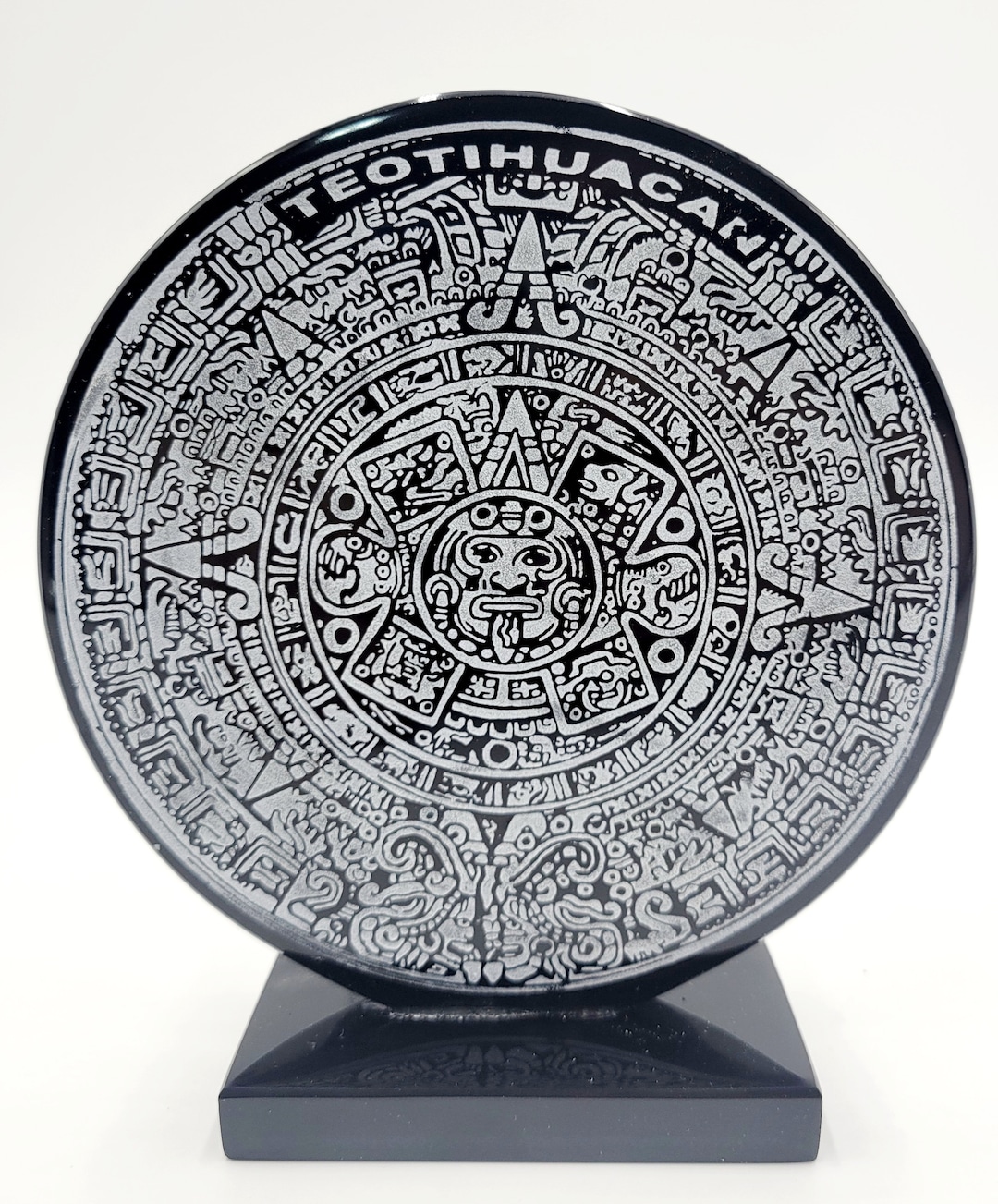 Aztec Calendar Sun Stone Engraved Black Onyx/obsidian Stone Mexico 6 1/ ...