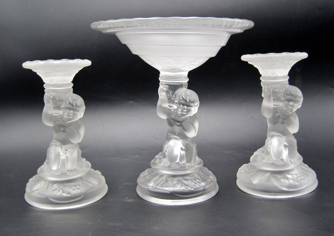 VTG Cherub Frosted Satin Glass Pedestal Compote & Matching Candle ...