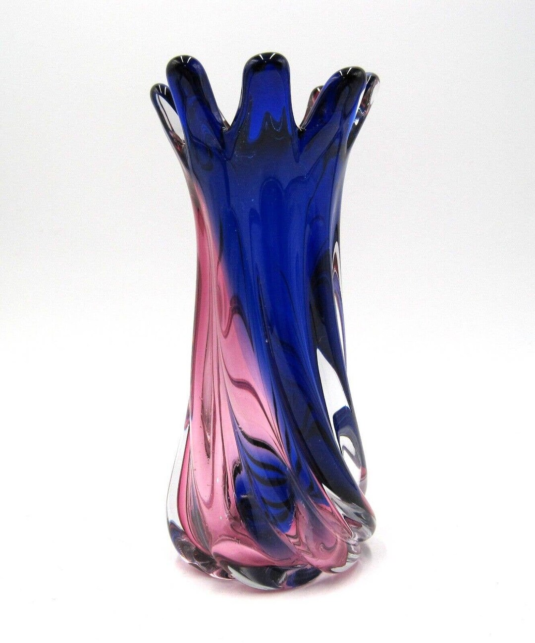 Vintage Art Glass Vase Purple Pink Blue Cased Glass 10 3/4