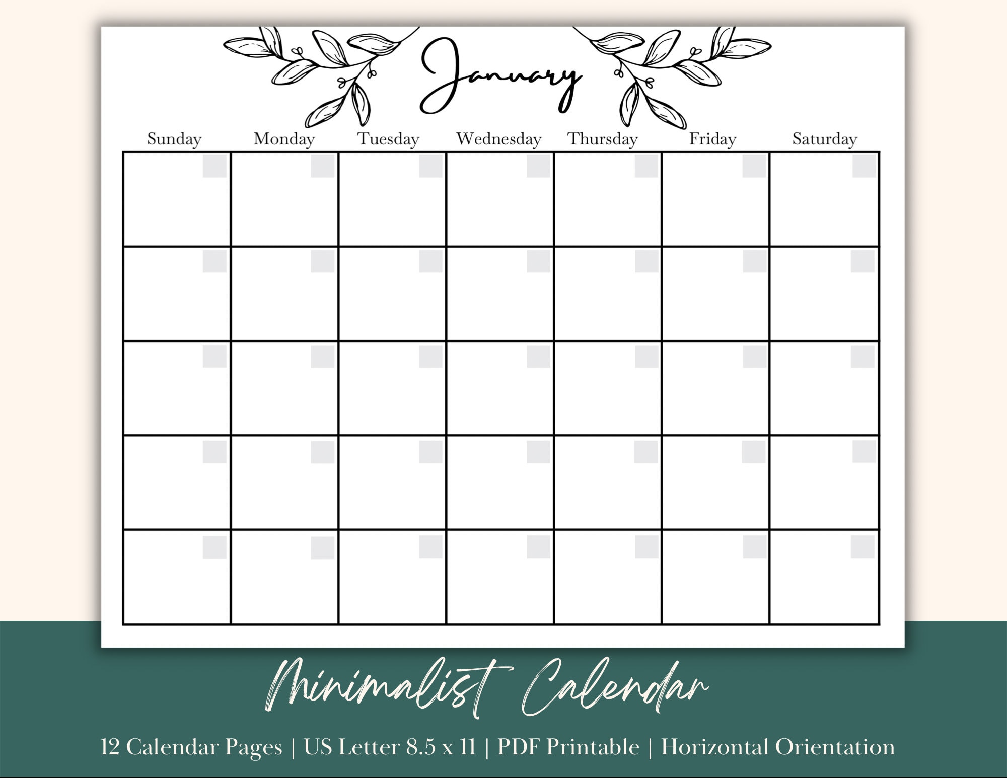 Minimalist Calendar | Horizontal Orientation | Digital Download | PDF ...