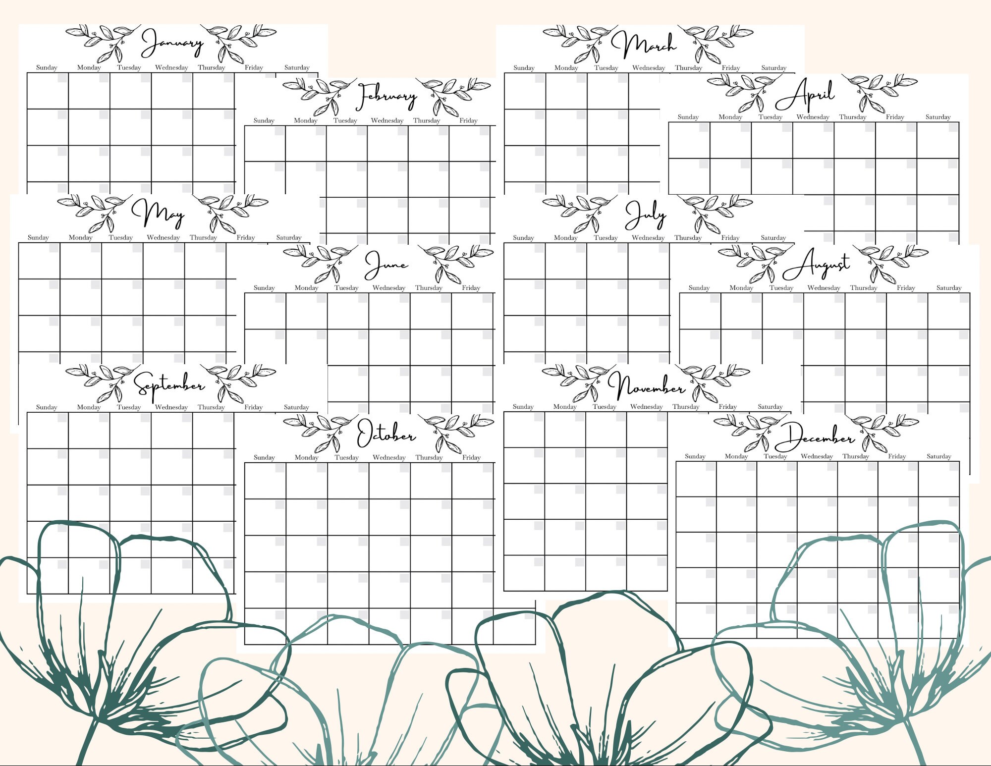 Minimalist Calendar | Horizontal Orientation | Digital Download | PDF ...