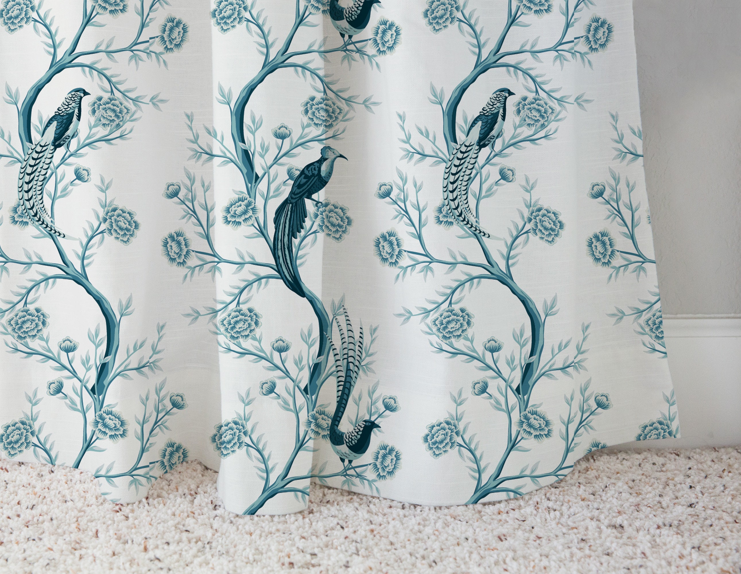 Blue Bird Chinoiserie Curtain, Single Panel Curtain, Bird Window ...