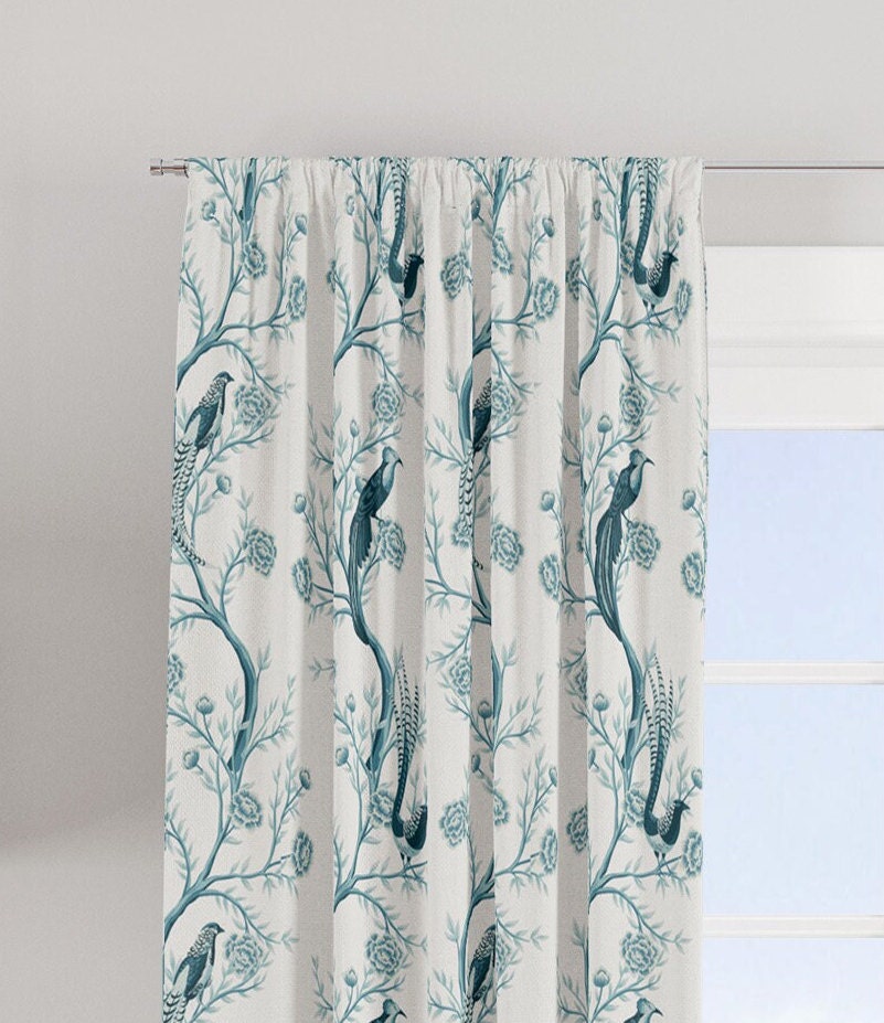 Blue Bird Chinoiserie Curtain, Single Panel Curtain, Bird Window ...
