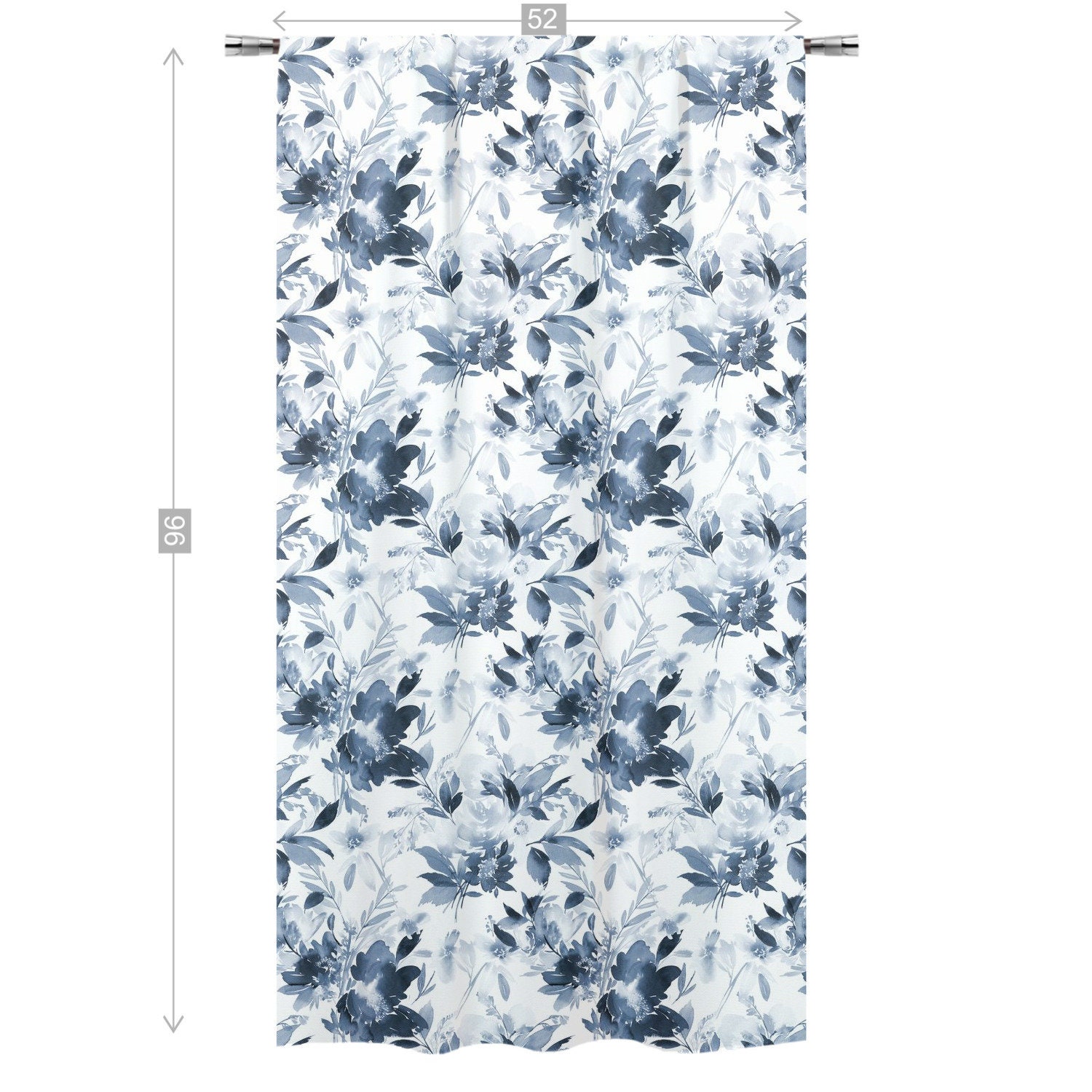 Indigo Watercolor Floral Curtain, Single Panel Curtain, Blue Floral ...