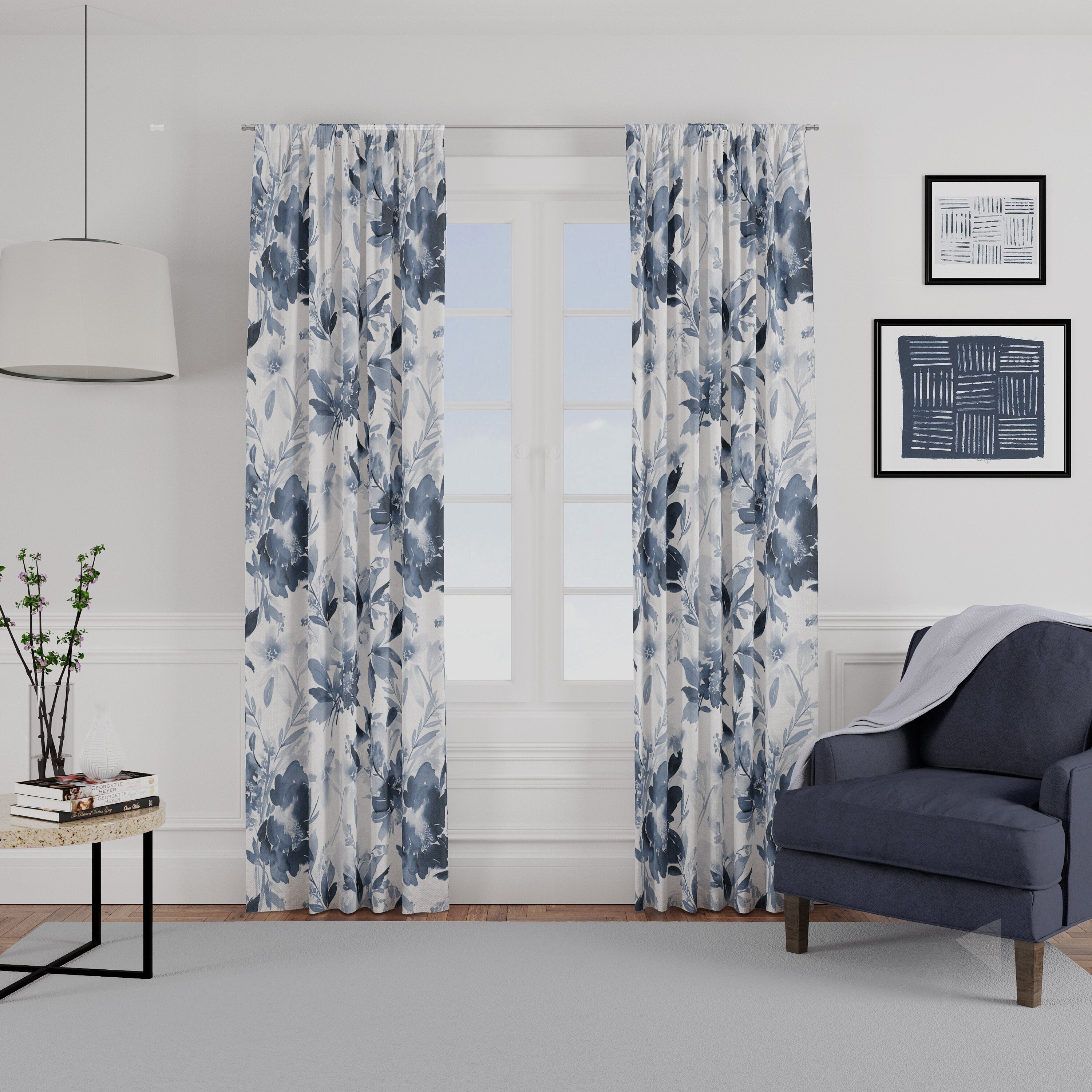 Indigo Watercolor Floral Curtain, Single Panel Curtain, Blue Floral ...