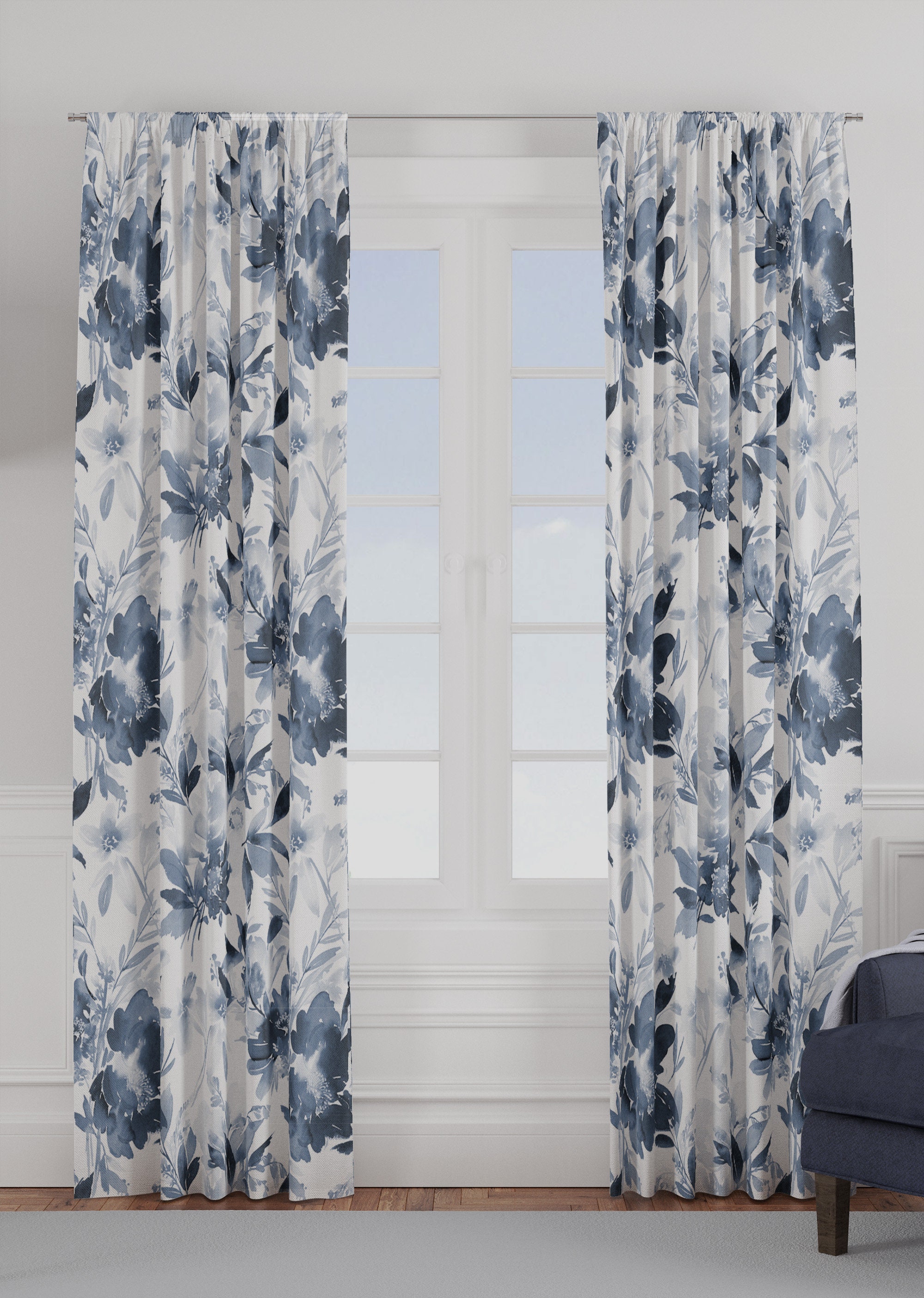 Indigo Watercolor Floral Curtain, Single Panel Curtain, Blue Floral ...
