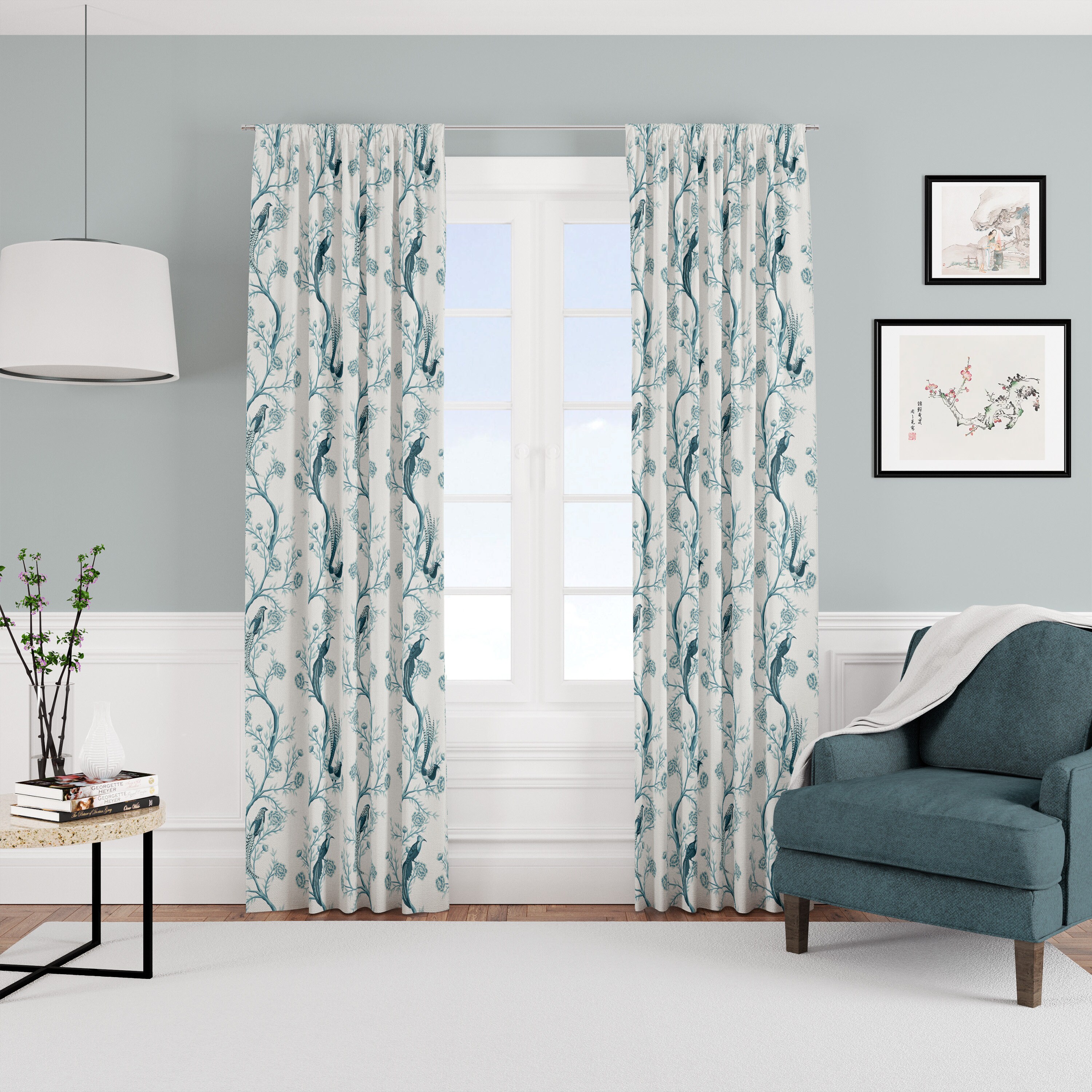 Blue Bird Chinoiserie Curtain, Single Panel Curtain, Bird Window ...