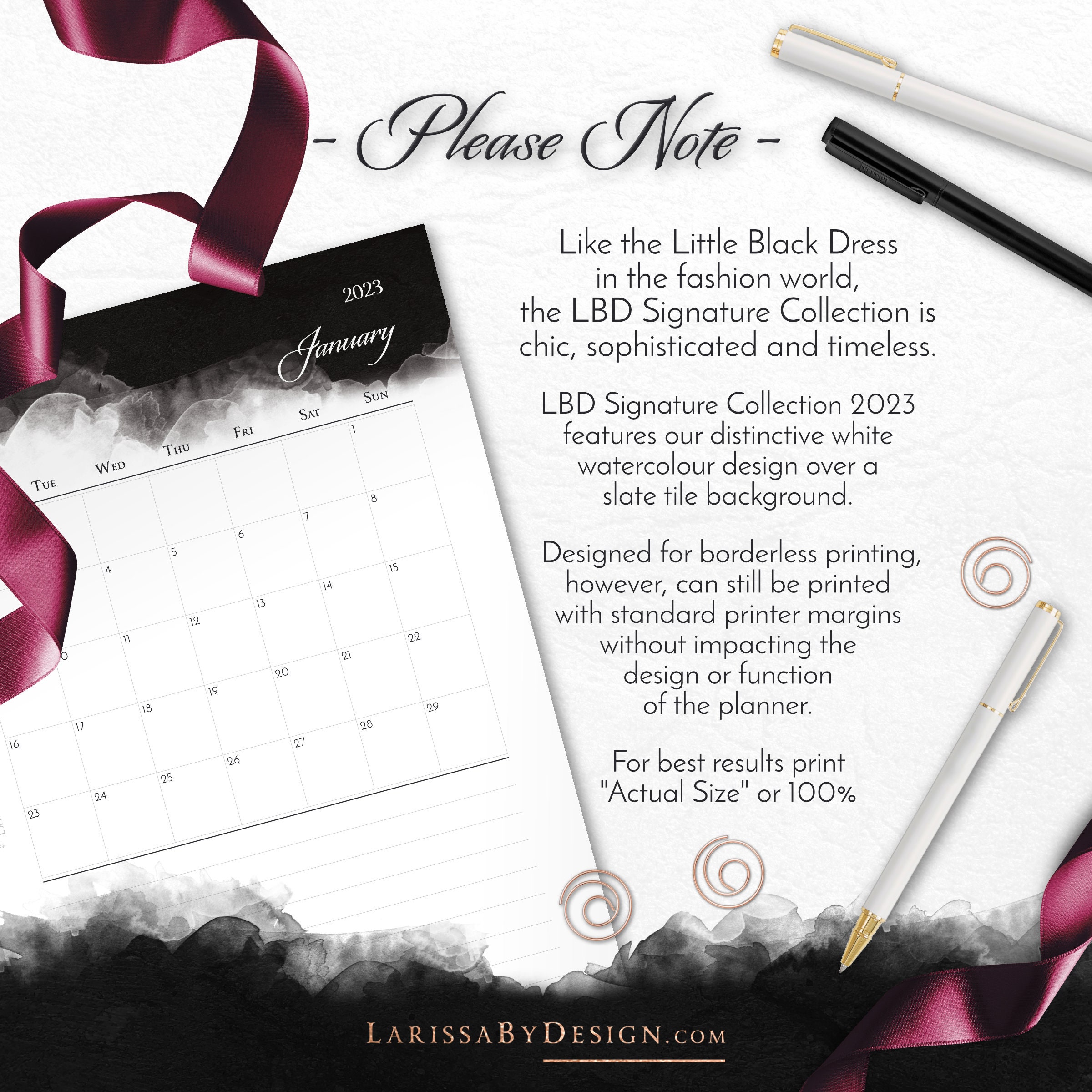 2023 Printable Monthly Calendar Black & White Watercolour Stylish ...