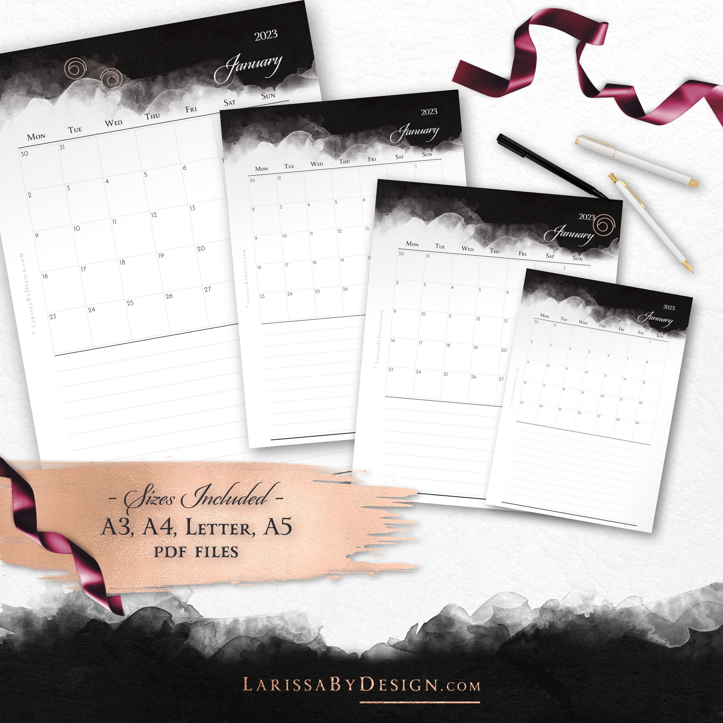 2023 Printable Monthly Calendar Black & White Watercolour Stylish ...