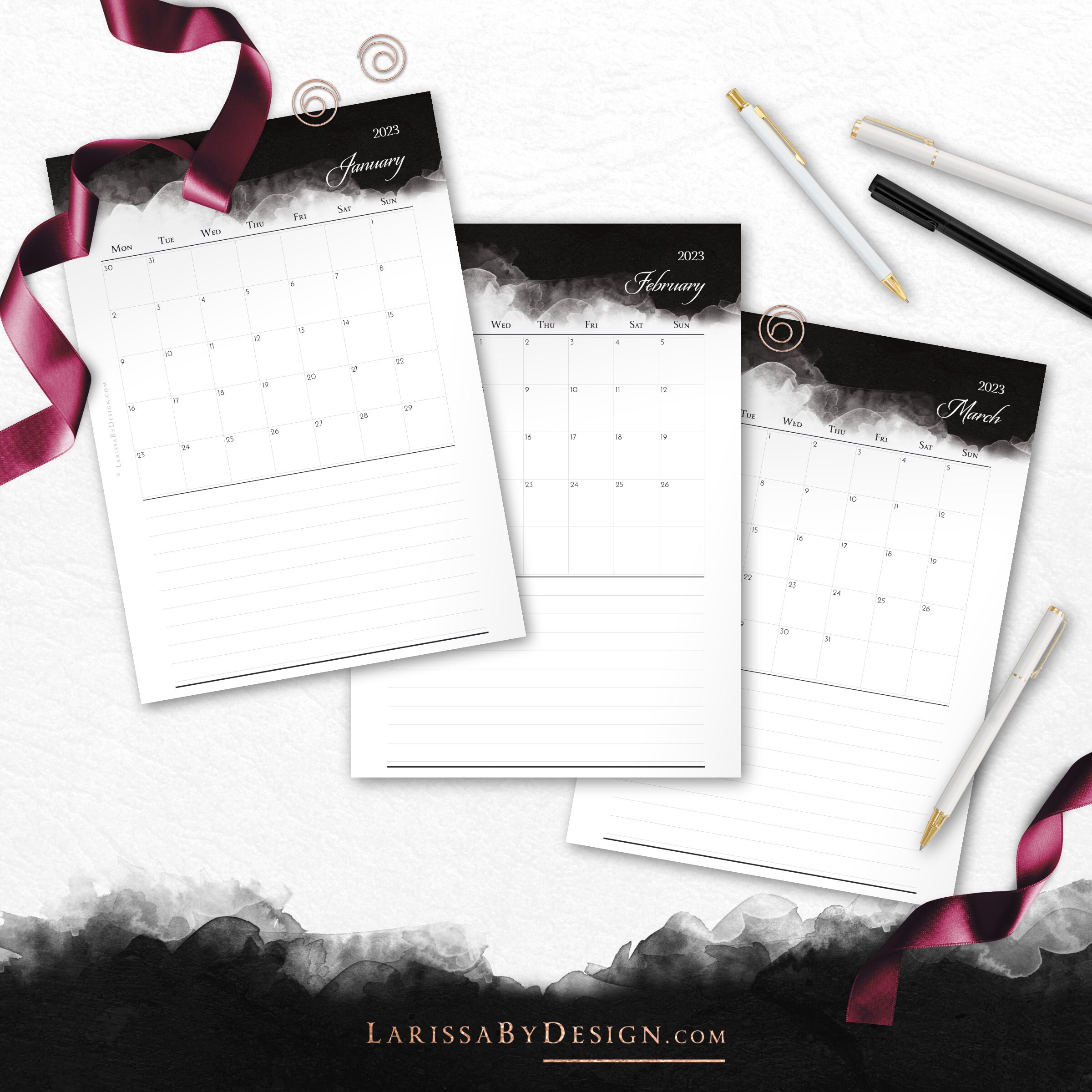 2023 Printable Monthly Calendar Black & White Watercolour Stylish ...