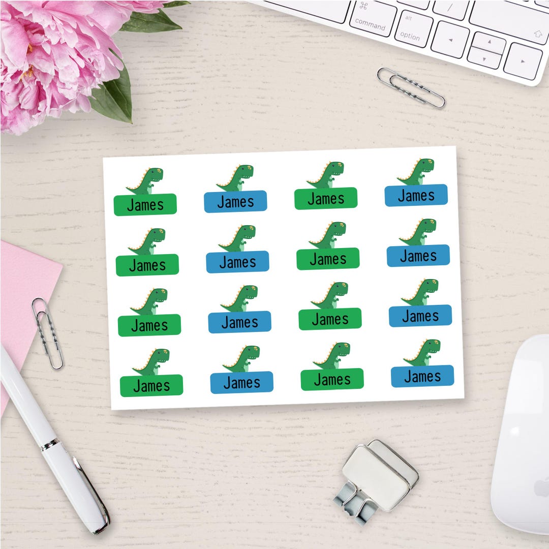 Personalized T Rex School Name Label Stickers Blue Green School ...