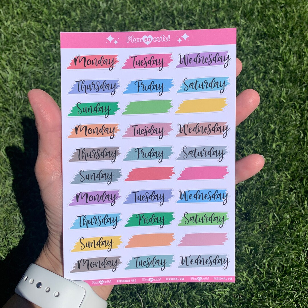 Days of the Week Script Stroke Rainbow Planner Stickers by Plan so Cute ...