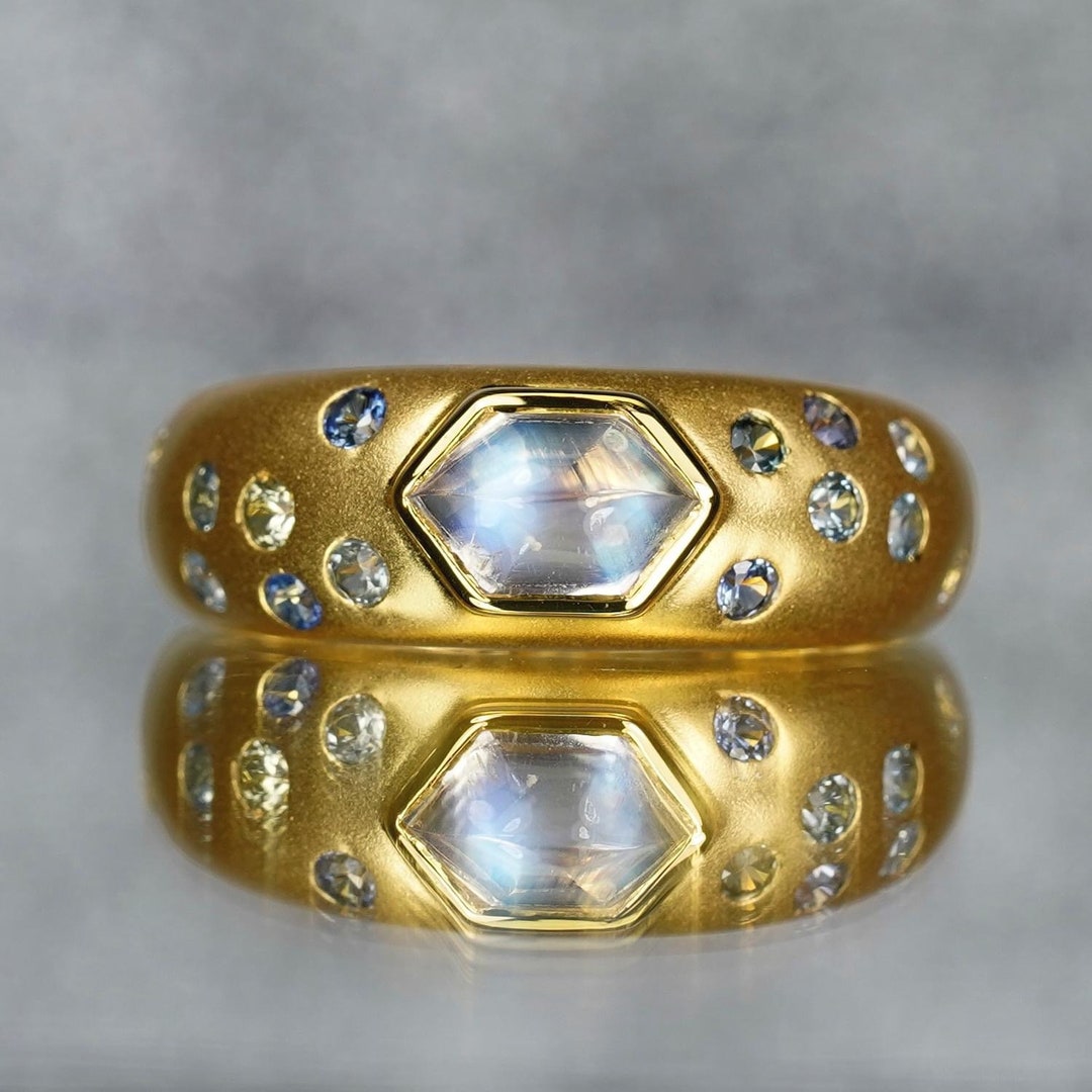 Custom Moondrops Ring, Moonstone Ring With Teal Colored Sapphires ...