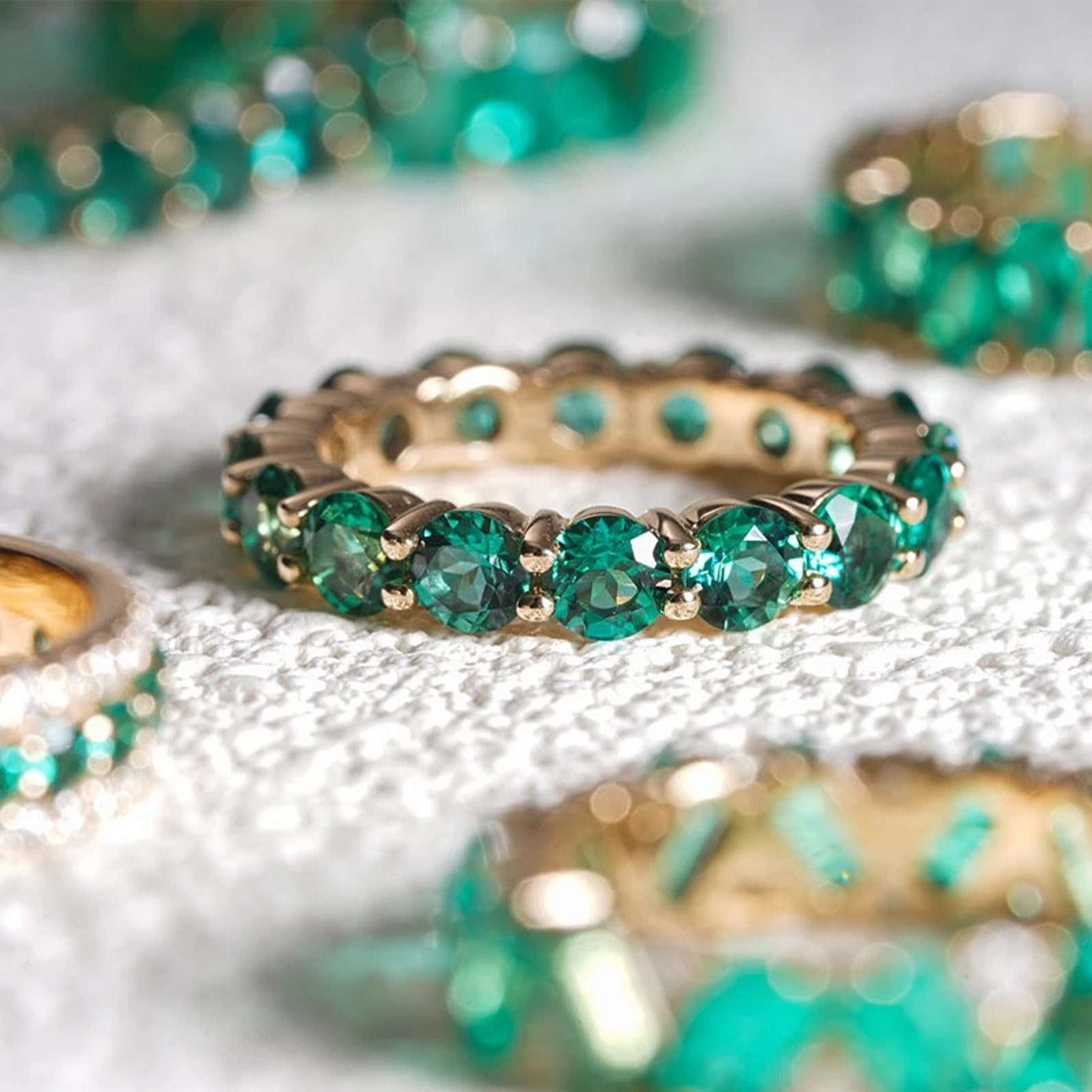 Lab Grown Emerald Eternity Bands, 14kt Gold Band, Green Emerald Ring ...