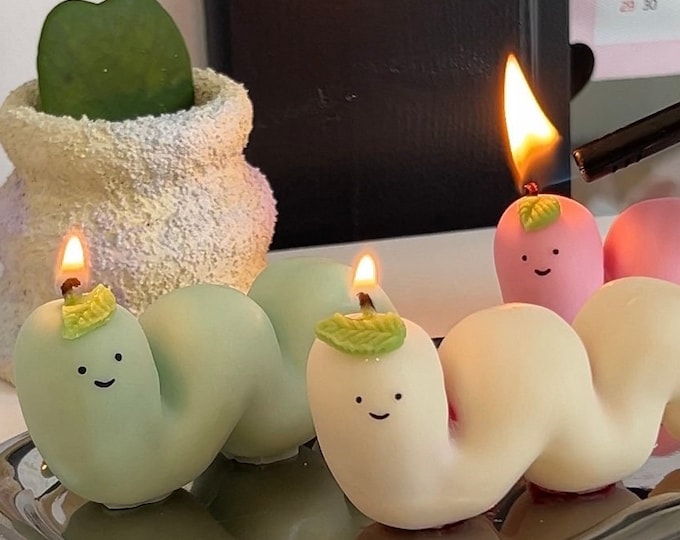 Smiley Worm Candle, Caterpillar Candle, Worm Decor, Cottagecore Decor ...