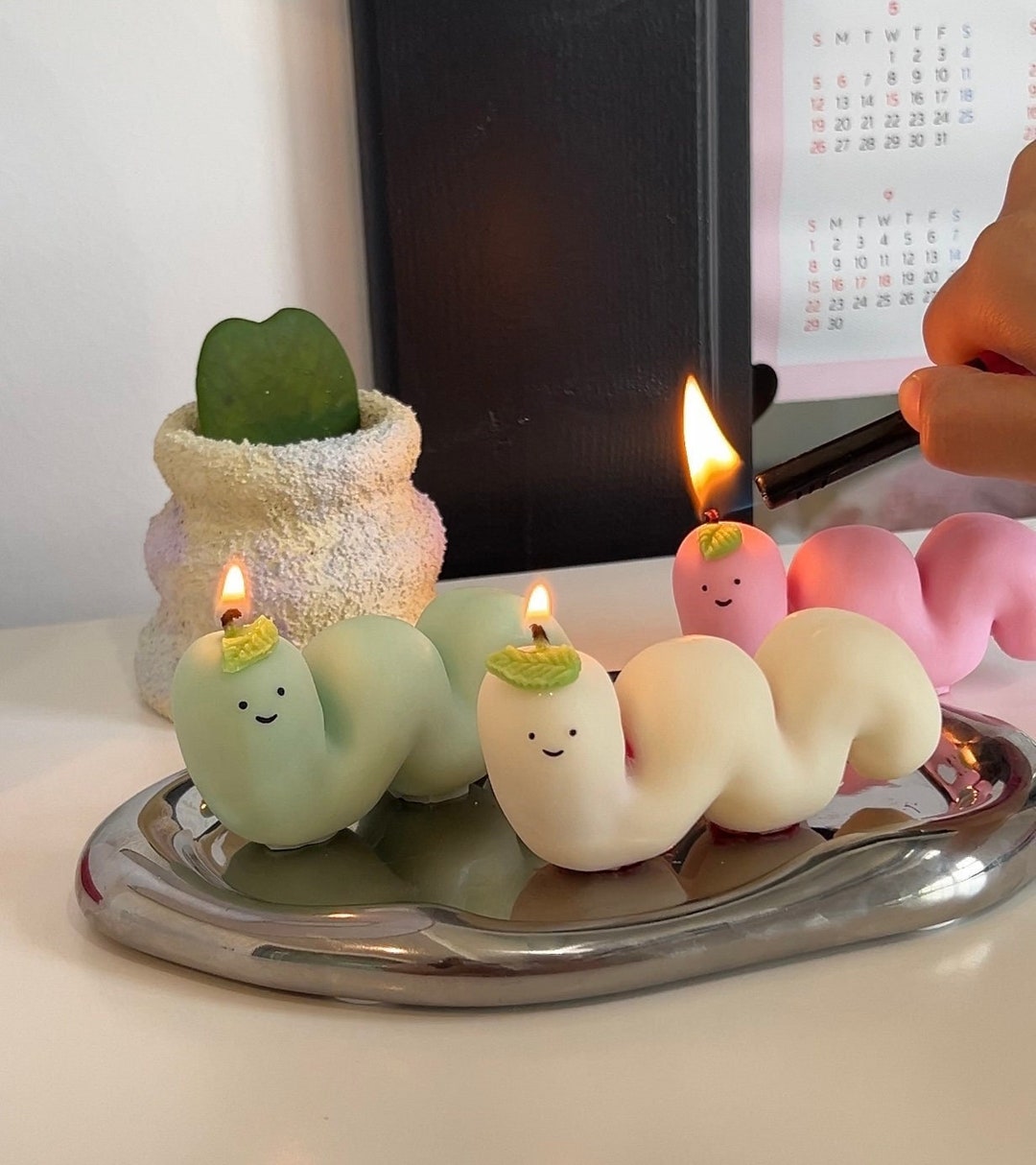 Smiley Worm Candle, Caterpillar Candle, Worm Decor, Cottagecore Decor ...