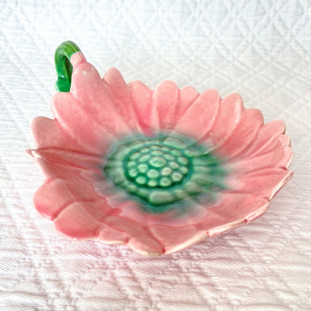 Pink Flower Dish Vintage Flower Plate Pink and Green Decor Snack Plate ...